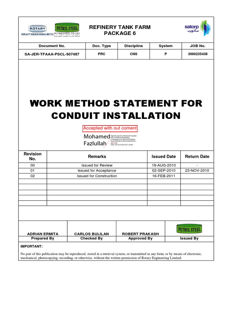 Rev02-Work Method Statement For Conduit Installation | PDF | Pipe ...