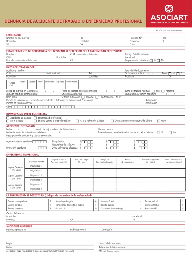 Fromulario de Denuncia ART - ASOCIART | PDF | Medicina CLINICA | Ciencias de la Salud