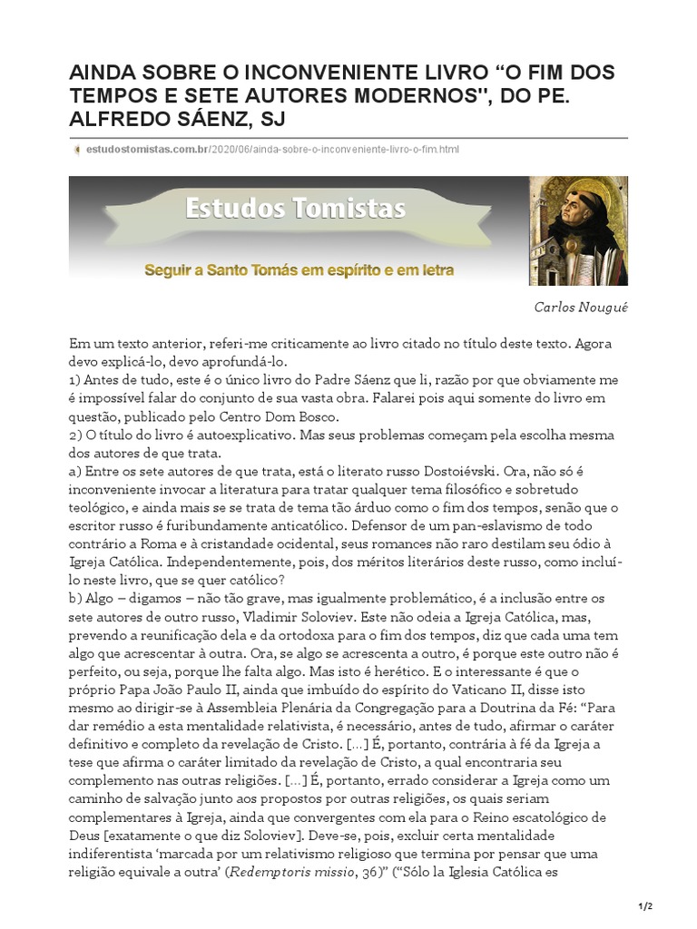Ainda Sobre o Inconveniente Livro o Fim Dos Tempos e Sete Autores ...