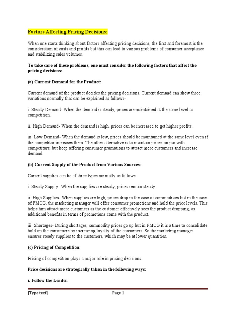 Factors Influencing Pricing Decisions | PDF | Pricing | Profit (Economics)