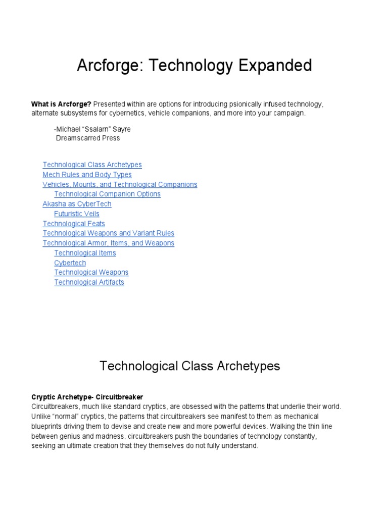 Arcforge: Technology Expanded: Technological Class Archetypes | PDF | Technology & Engineering
