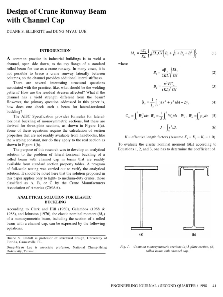 Design of Crane Runway Beam With Channel Cap: M C KL Eigjb B B | PDF ...