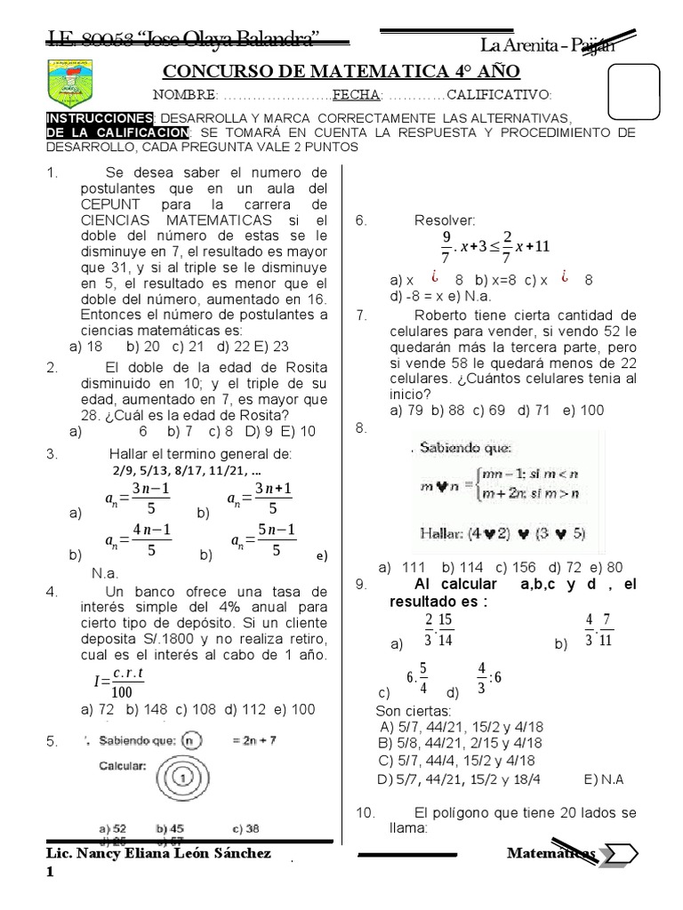 Concurso de Matematica 4to Grado | PDF