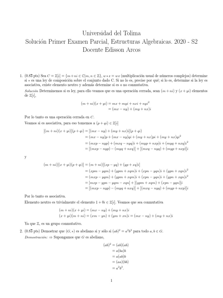 Examen Parcial Estructuras 1 Soluci N | PDF | Estructuras algebraicas | Estructuras matemáticas