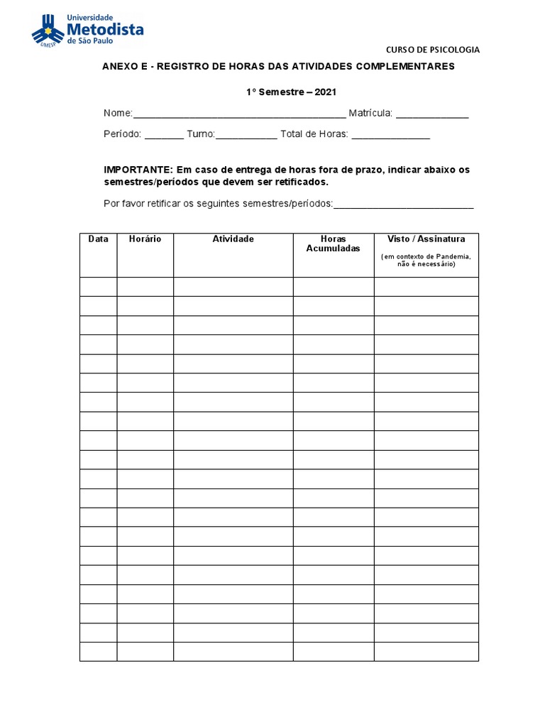 Registro De Horas De Atividades Complementares Realizadas No 1o