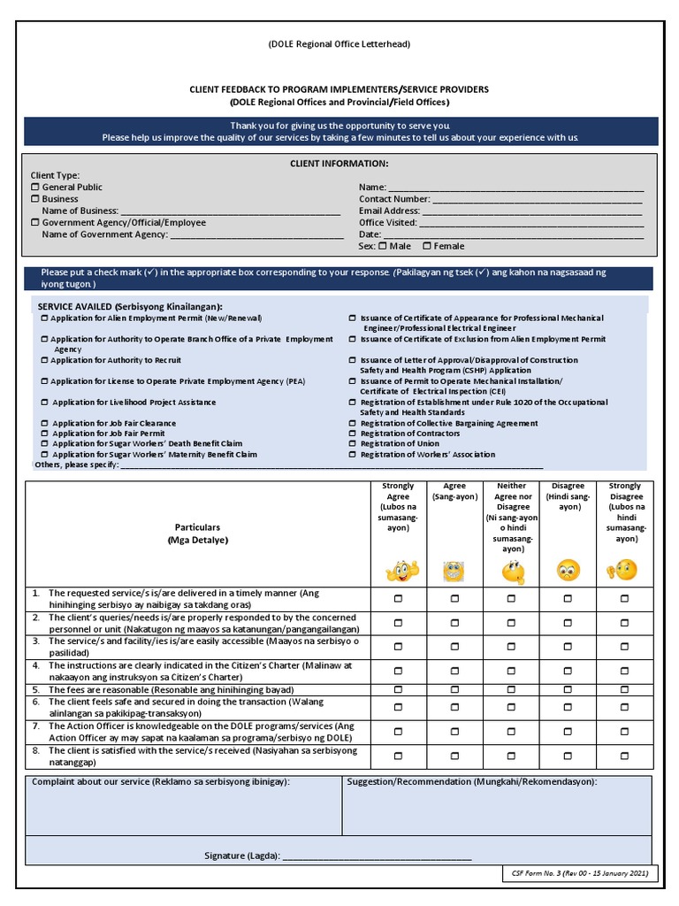 DOLE Client Feedback Form CSF No. 3 | PDF | Employment | Unemployment ...