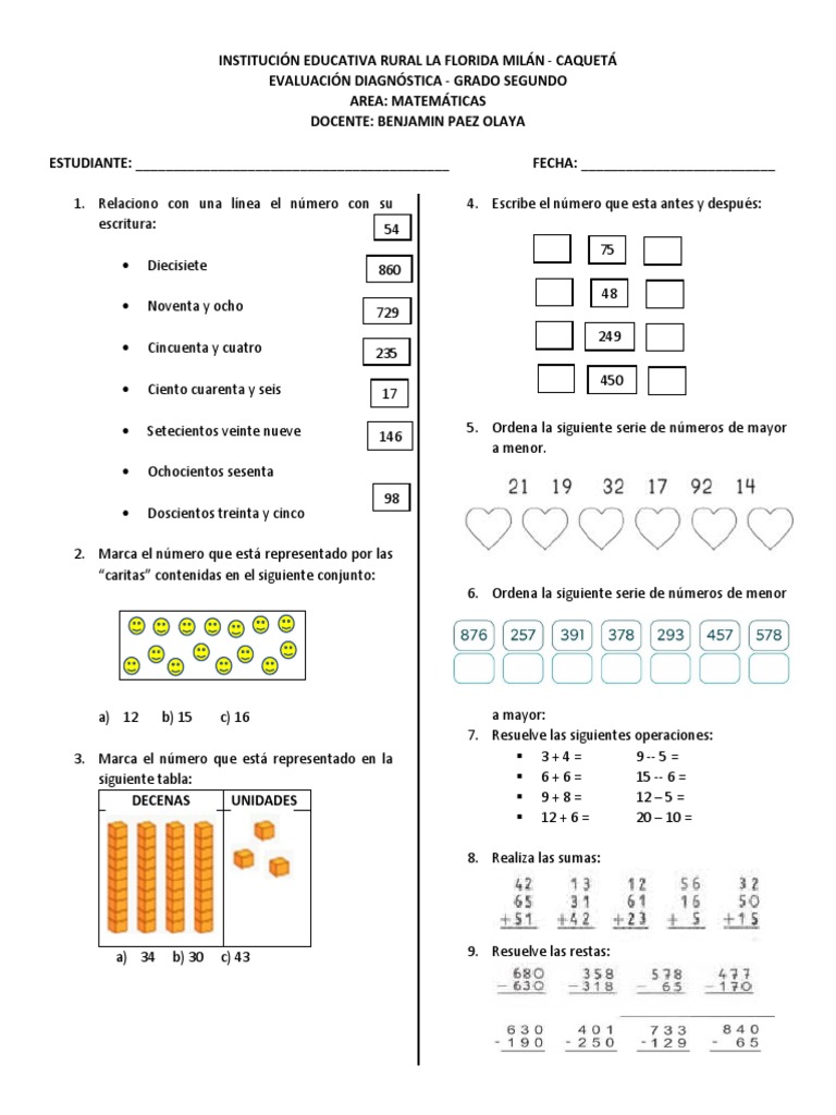 Evaluación Diagnóstica Matemáticas 2° grado | PDF