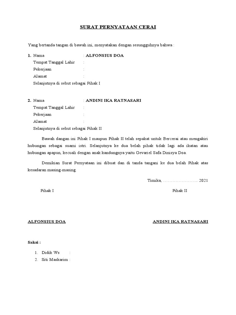 Surat Pernyataan Cerai | PDF