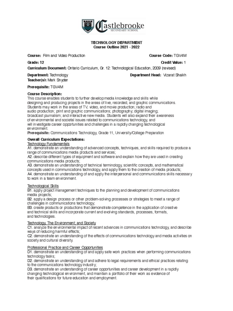 Css tgj4m GR 12 Video Production Course Outline Fall 2021 | PDF ...