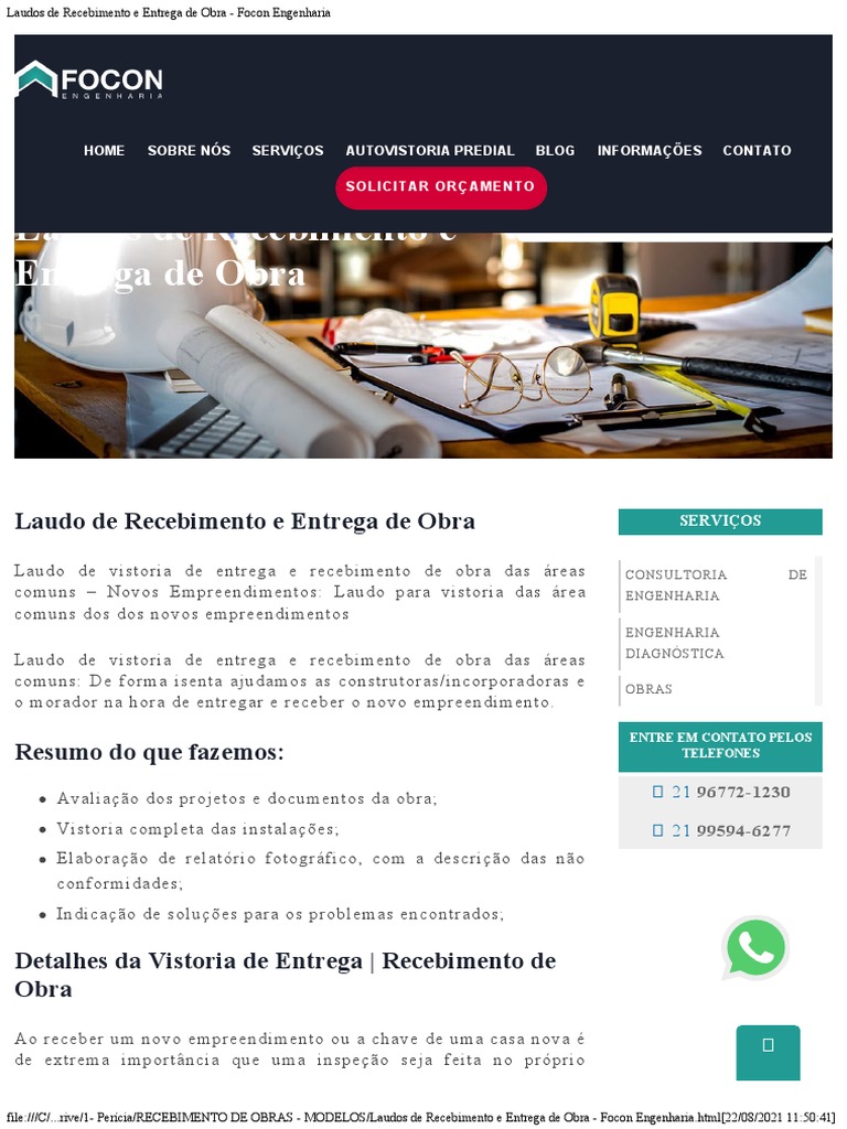 Laudos de Recebimento e Entrega de Obra - Focon Engenharia | PDF | Engenharia | Engenharia Civil