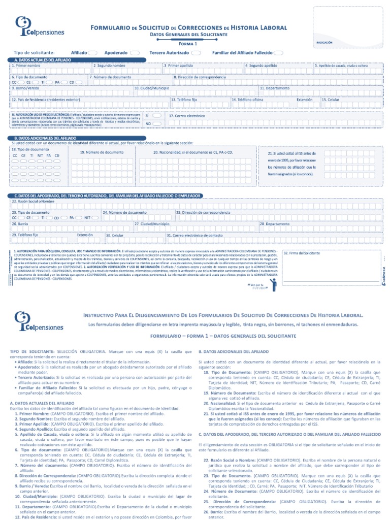 Formulario de Solicitud de Correcciones de Historia Laboral Forma 1 | PDF
