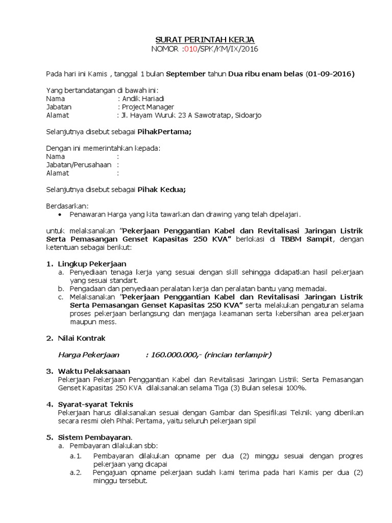 Surat Perintah Kerja Proyek Listrik | PDF
