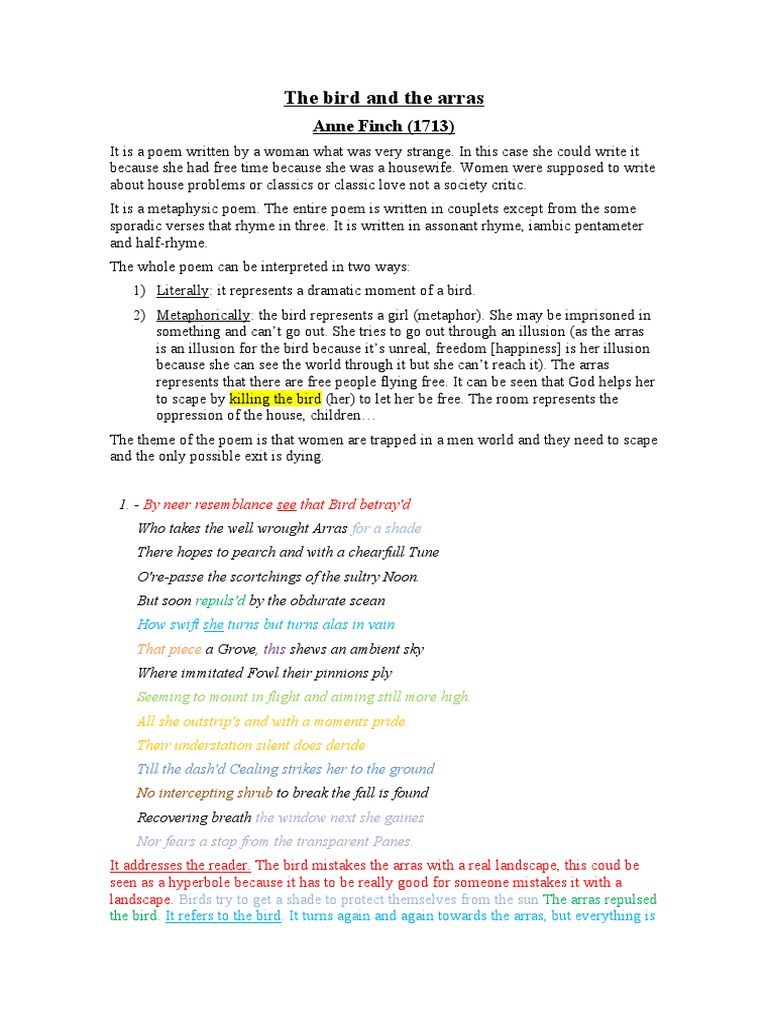 POEM, Anne Finch, The Bird and The Arras | PDF | Poetry | Poetic Form