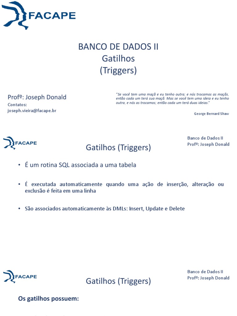 Aula 17 - Gatilhos (Triggers) | PDF | Informática | Bancos de dados