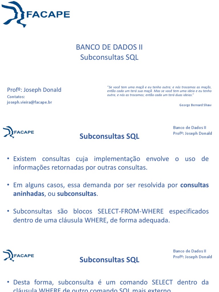Aula 12 - Subconsultas SQL Novo | PDF | SQL | Dados
