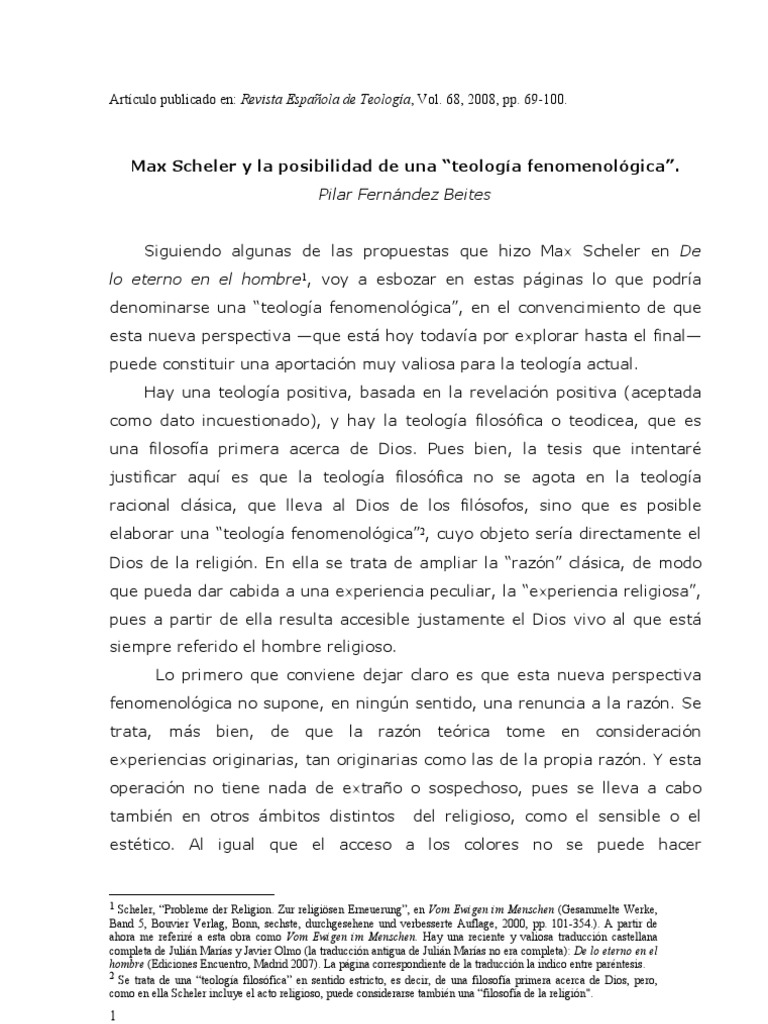 Max Scheler y La Posibilidad de Una "Teología Fenomenológica". | PDF ...
