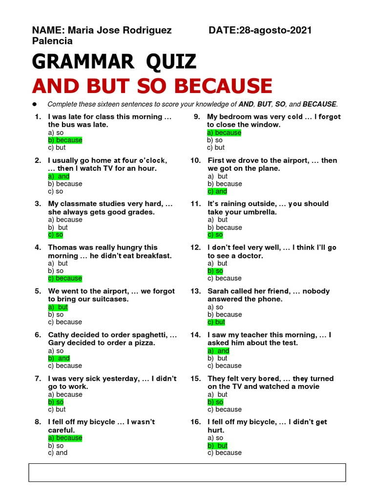 And But So Because: Grammar Quiz | PDF