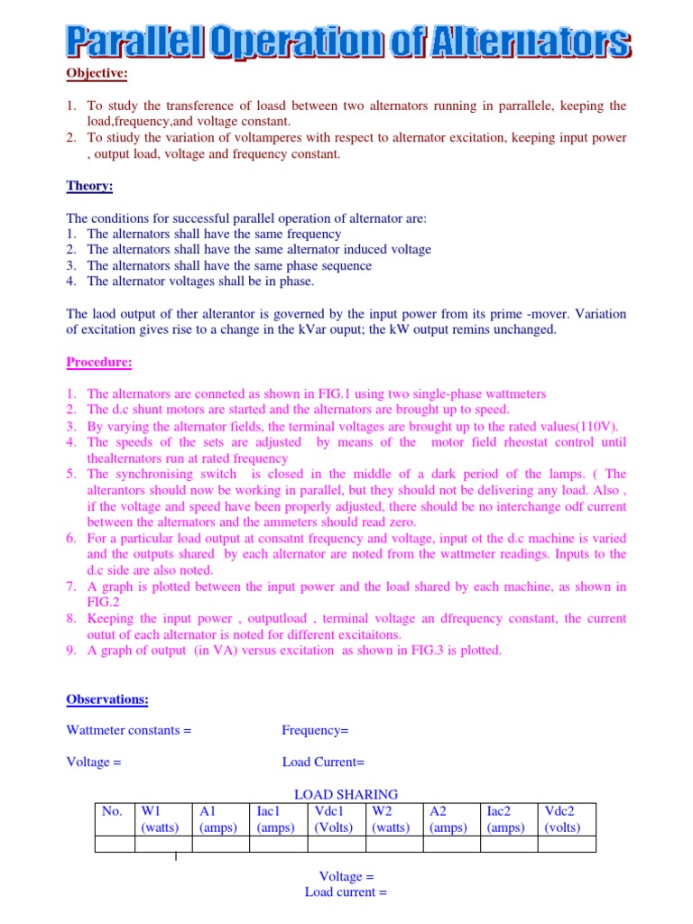 Alternator Parallel Operation | PDF | Electric Power | Electronics