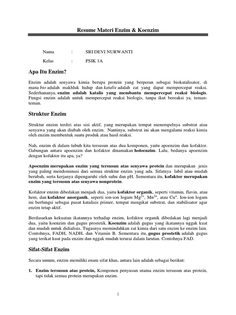 Resume Ke-2 Enzim & Koenzim Sri Devi Nurwanti | PDF