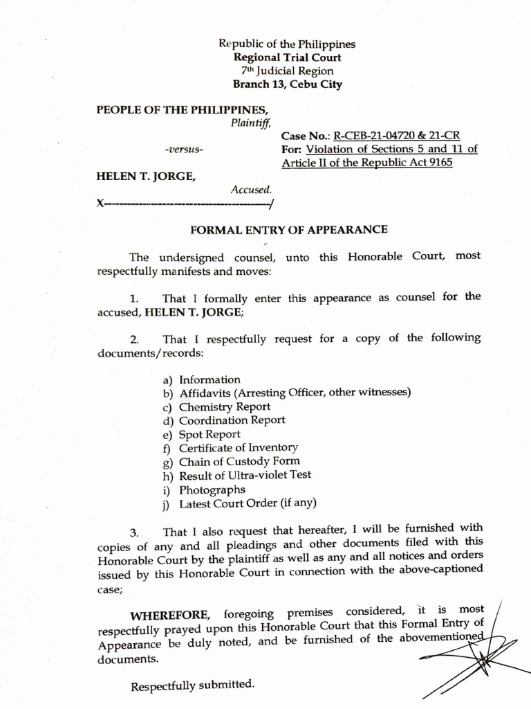 Formal Entry of Appearance (People vs. Helen T. Jorge, R-CEB-21-04720 ...