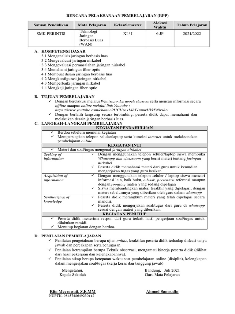 RPP 1 Lembar SMK Perintis TKJ - TJBL - 1 | PDF