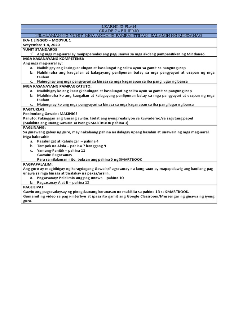 FILIPINO 7 - Learning Plan | PDF