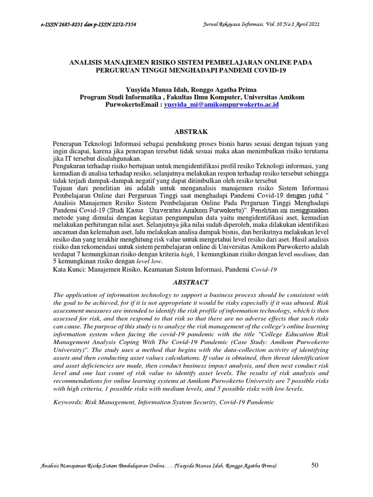 Analisis Manajemen Risiko Sistem Pembelajaran Online | PDF | Bisnis | Pengelolaan Keuangan & Uang