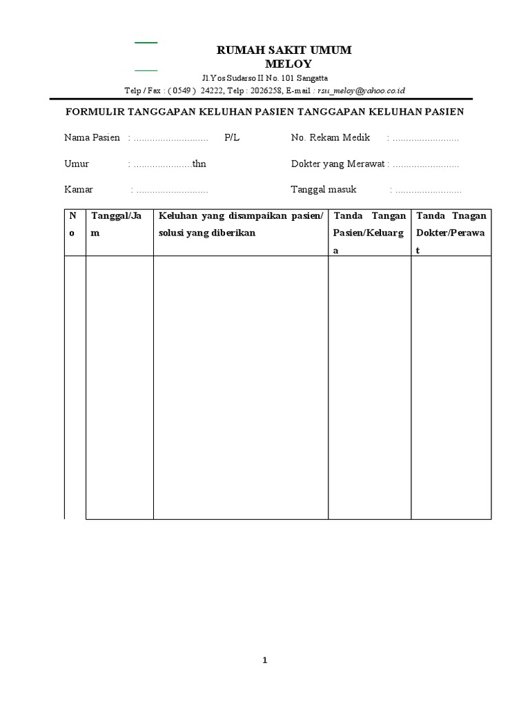 Formulir Tanggapan Keluhan Pasien Tanggapan Keluhan Pasien | PDF