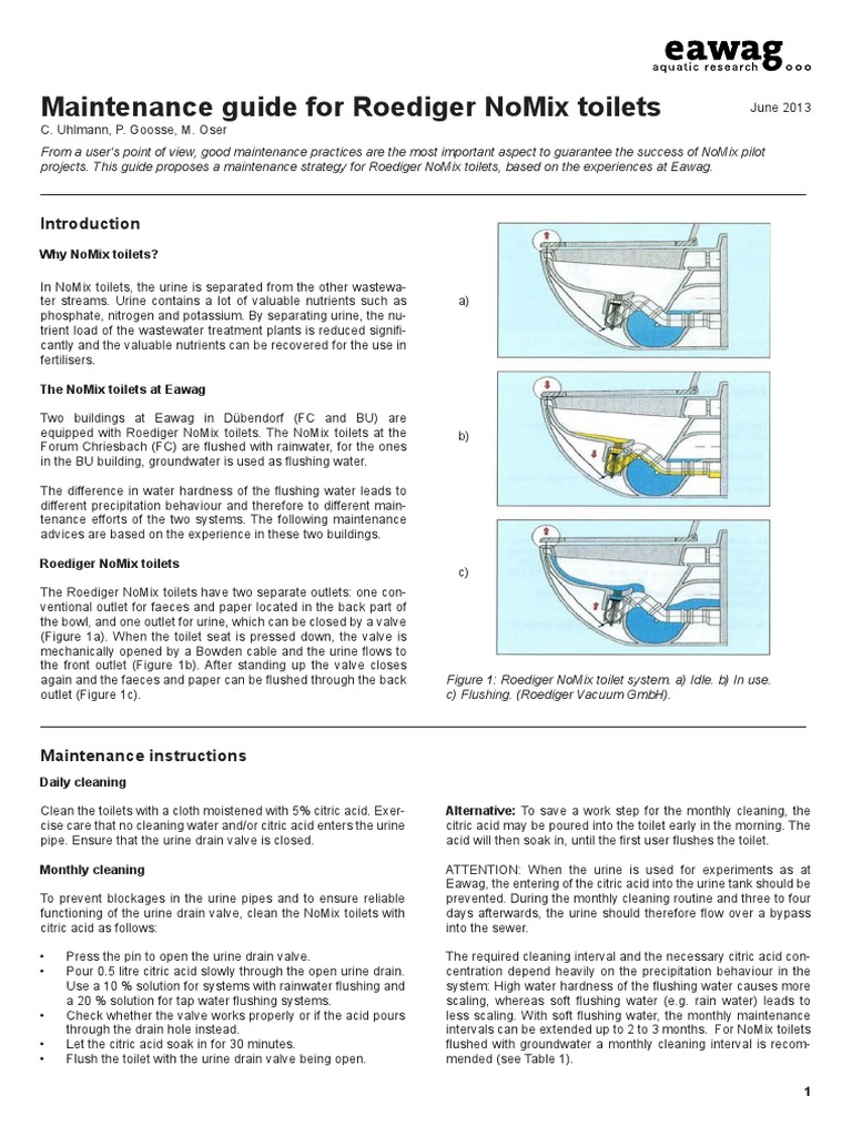 UHLMANN Et Al 2013 Maintenance Guide For Roediger NoMix Toilets | PDF | Toilet | Storm Drain