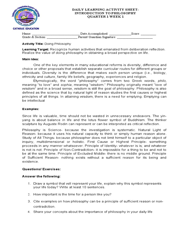 Daily Learning Activity Sheet: Introduction To Philosophy Quarter 1 ...