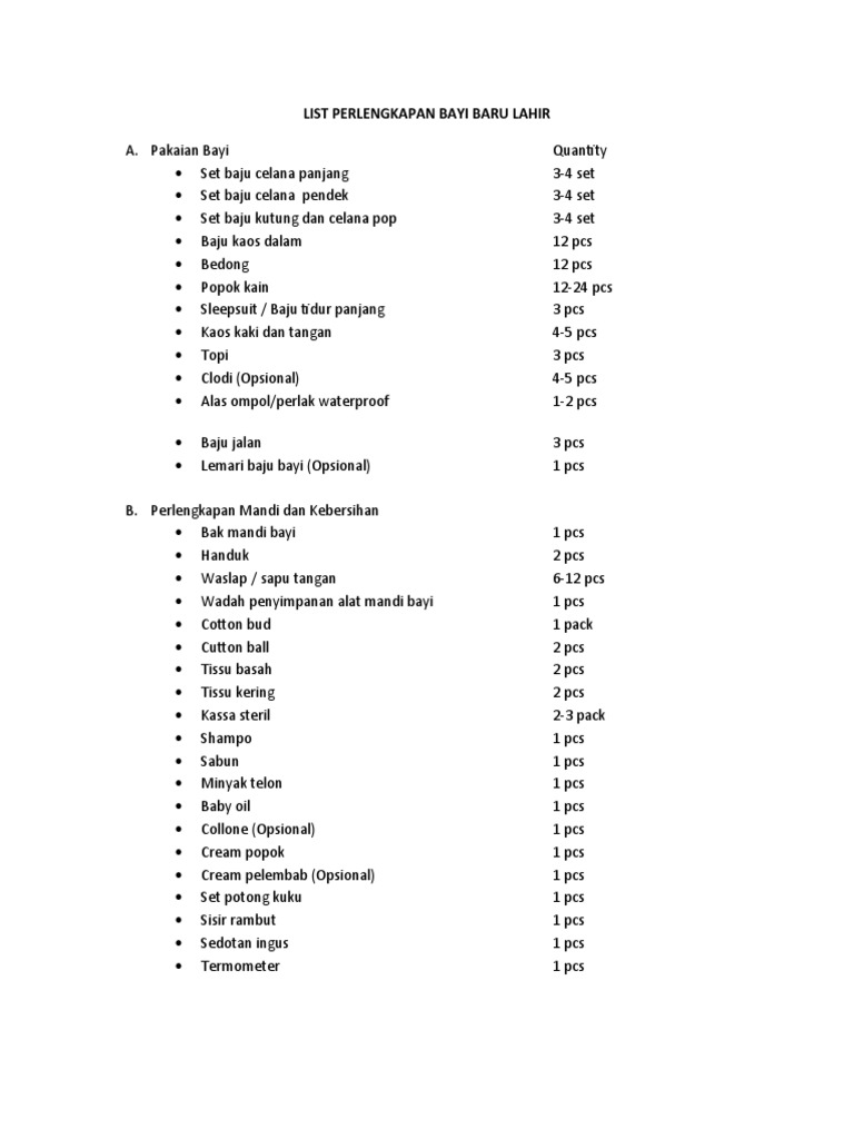 List Perlengkapan Bayi Baru Lahir | PDF