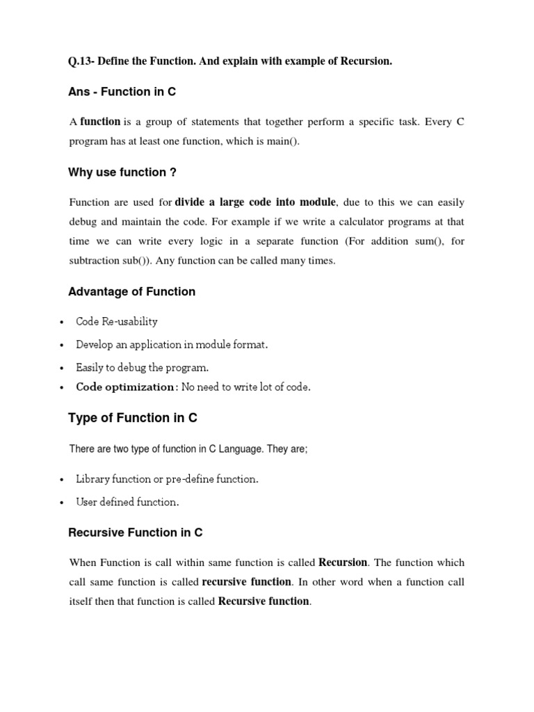 Ans - Function in C: Q.13-Define The Function. and Explain With Example ...