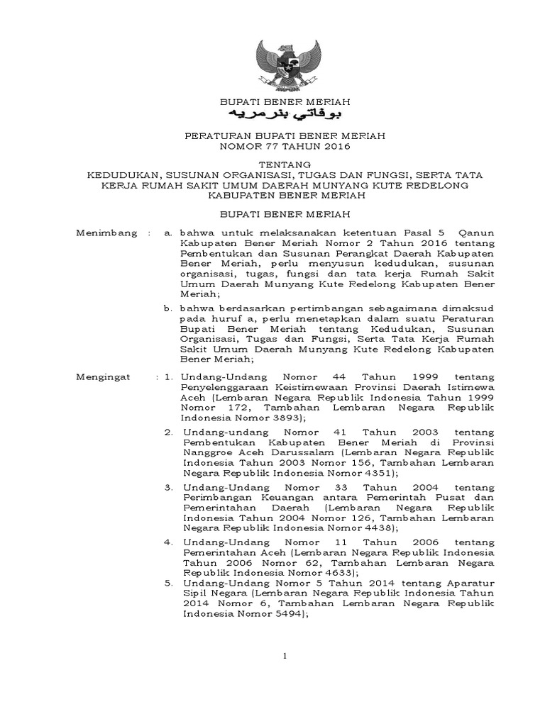 Perbub Nomor 77 SOTK & Tupoksi RUMAH SAKIT 2016 | PDF