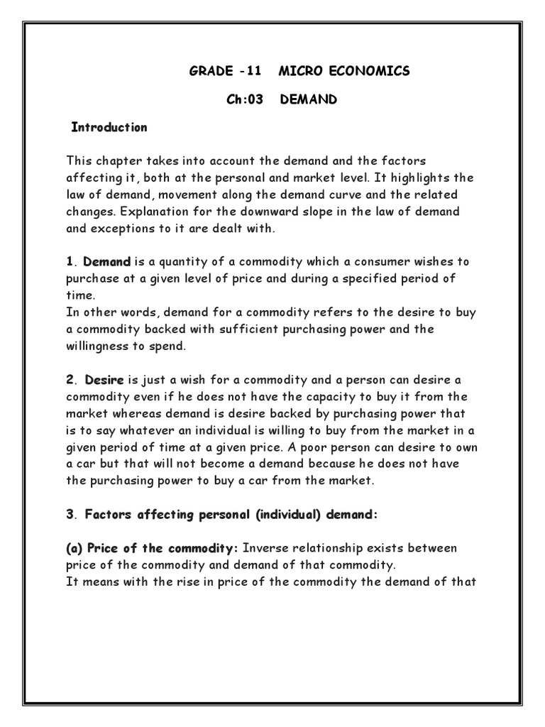 Grade - 11 Micro Economics Ch:03 Demand I | PDF | Demand | Demand Curve