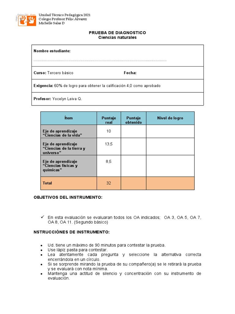 Prueba Diagnóstica Ciencias Naturales 3° Básico | PDF | Reptil | Agua