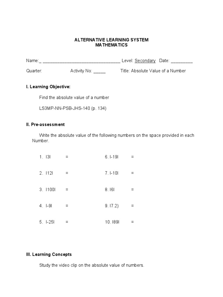 Absolute Value of A Number | PDF | Numbers | Mathematical Concepts