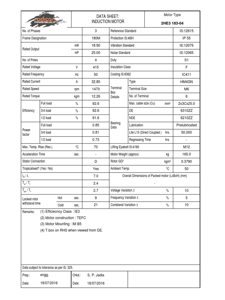 18.5 kW Induction Motor Datasheet | PDF | Electric Motor | Physical ...
