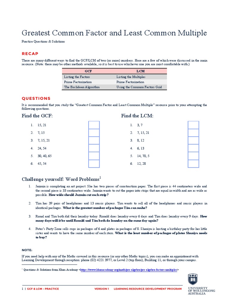 Greatest Common Factor and Least Common Multiple: Find The GCF: Find ...