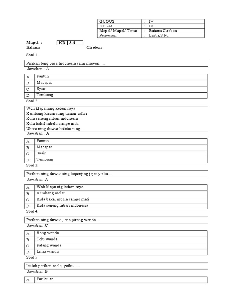 Soal Bahasa Cirebon Kelas 4 | PDF