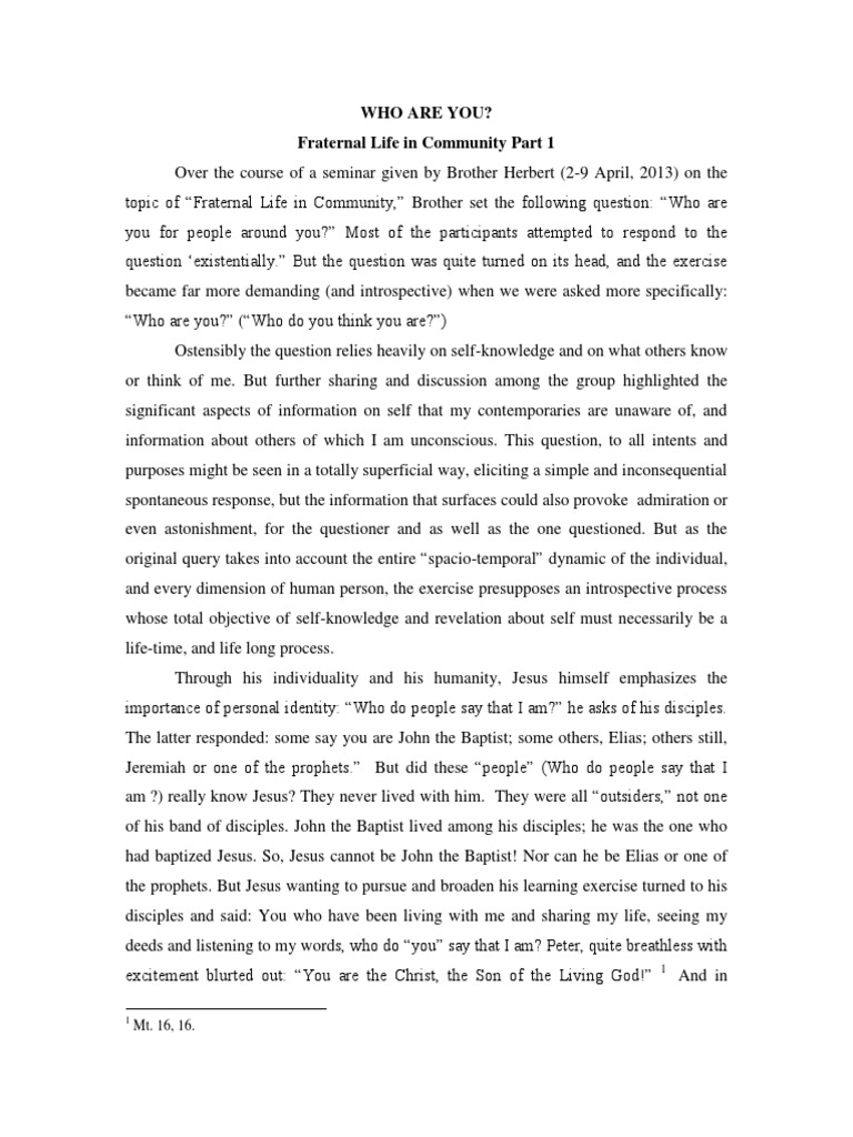 Who Are You? Fraternal Life in Community Part 1 | PDF | Jesus | God