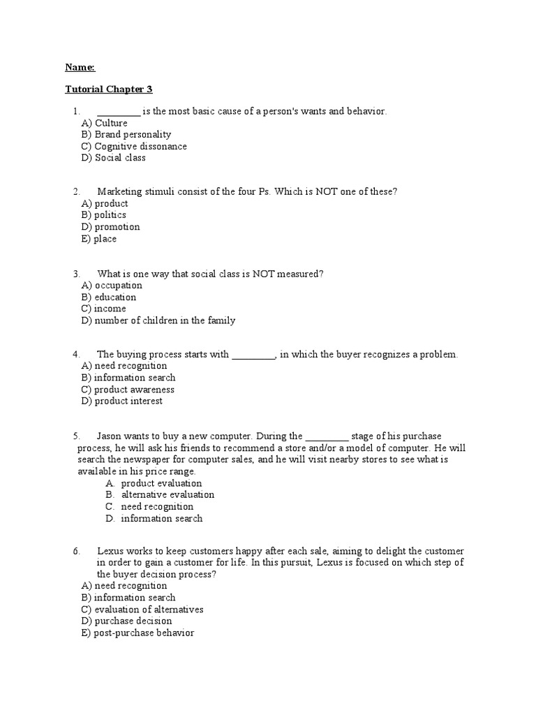Name: Tutorial Chapter 3 | PDF | Consumer Behaviour | Behavior