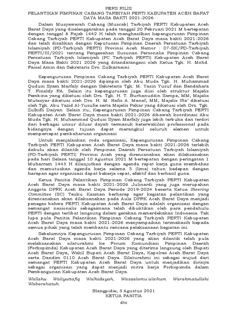 Pers Rilis Pelantikan Pimpinan Cabang Tarbiyah PERTI Kabupaten Aceh Barat Daya Masa Bakti 2021 ...