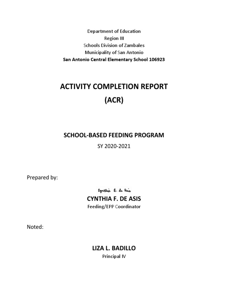 Activity Completion Report (ACR) : School-Based Feeding Program | PDF ...