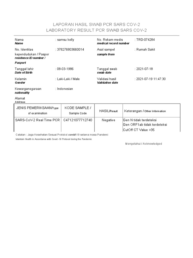 Laporan Hasil Swab PCR Sars Cov-2 Laboratory Result PCR Swab Sars Cov-2 ...