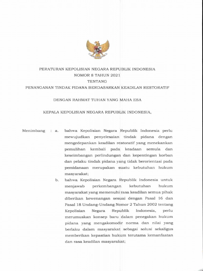 Perkapolri No. 8 Tahun 2021 Tentang Penanganan Tindak Pidana Berdasarkan Keadilan Restoratif | PDF