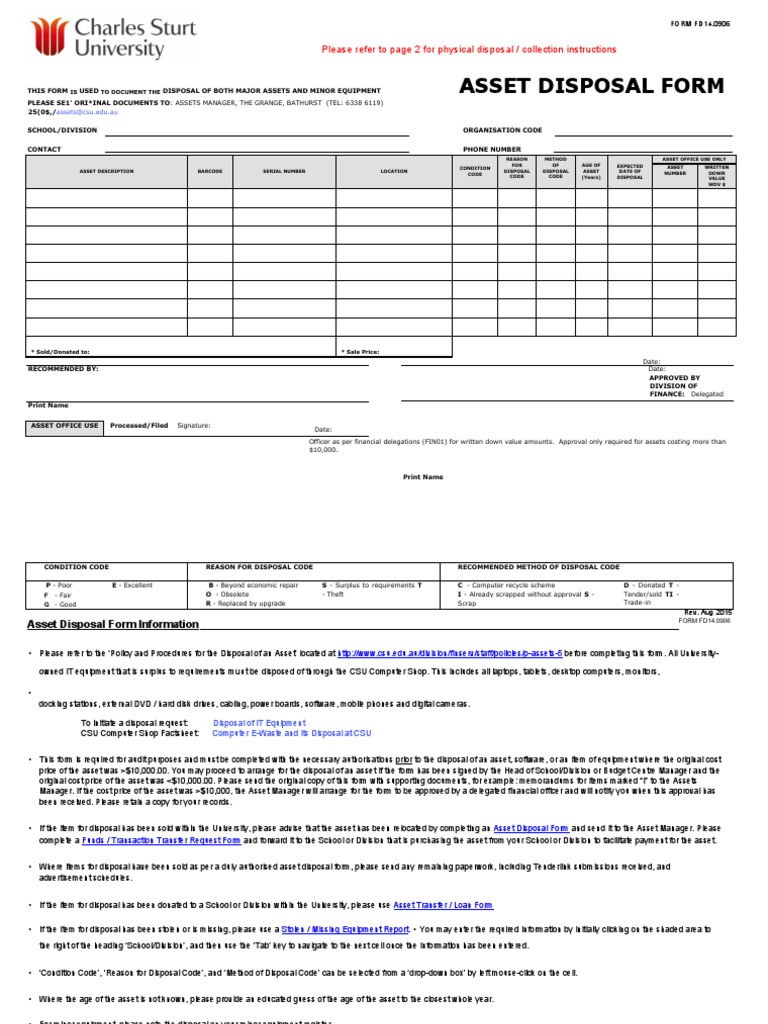 Asset Disposal Form: Please Refer To Page 2 For Physical Disposal ...