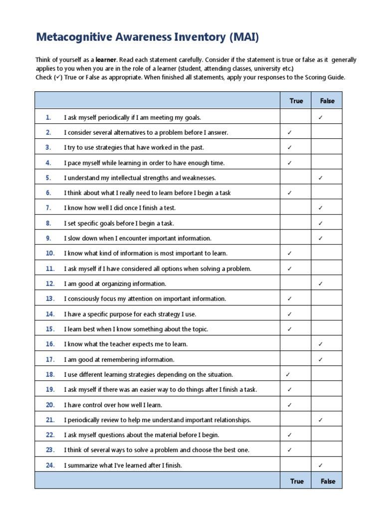 Metacognitive Awareness Inventory Self-Assessment | PDF | Reading ...