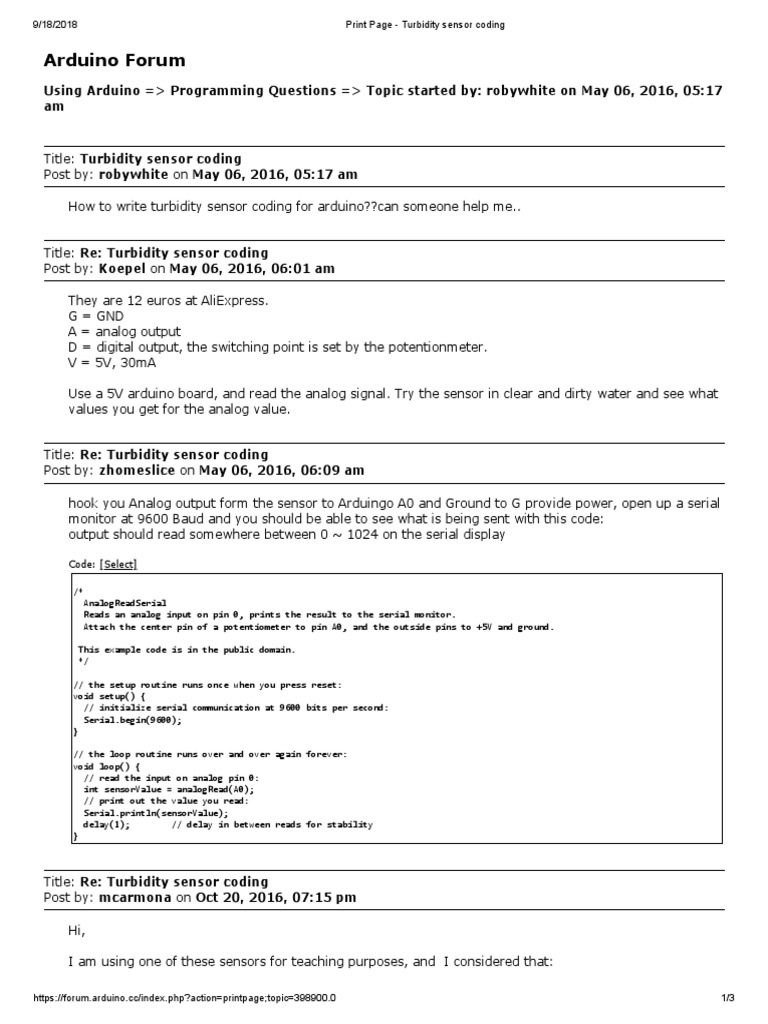 Print Page Turbidity Sensor Coding Pdf Arduino Computing 8088