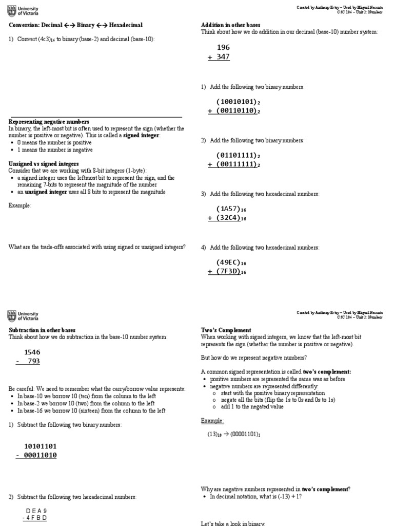 Conversion Decimal Binary Hexadecimal Addition In Other Bases Pdf Theory Of Computation