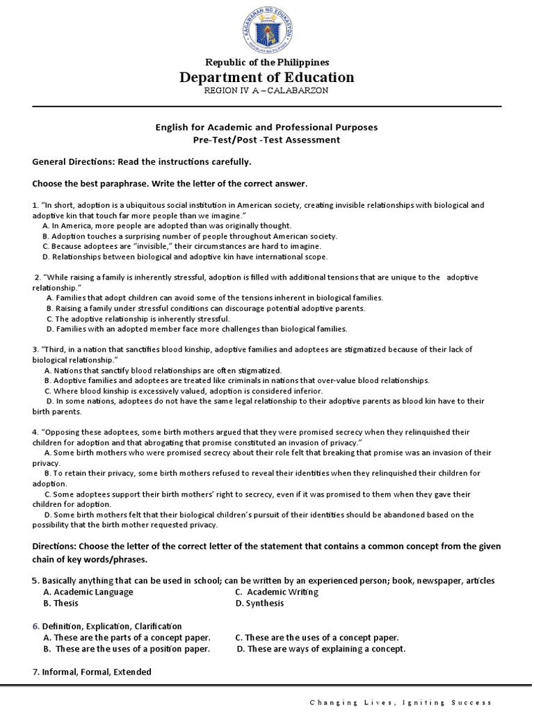 Eapp Pre Test and Post Test Examination | Download Free PDF | Adoption ...